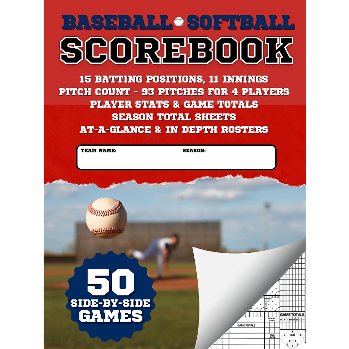 Baseball & Softball Scorebook - 50 Side by Side Games: 15 Batting Positions, 11 Innings, Pitch Count, Player Stats, Season Totals, Rosters; Score Keeping Book for Adult, Youth, or Little Leagues
