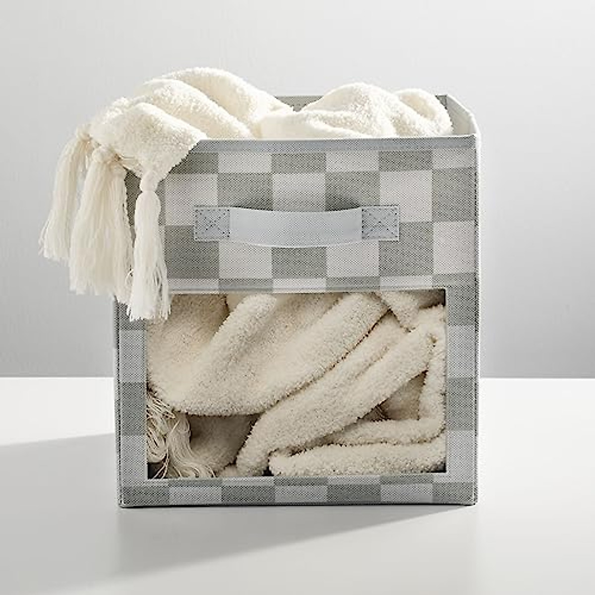 mDesign Fabric Nursery/Playroom Closet Storage Organizer Bin Box, Front Handle/Window for Cube Furniture Shelving Unit, Hold Toys, Clothes, Diapers, Bibs, 4 Pack, Gray Checkered