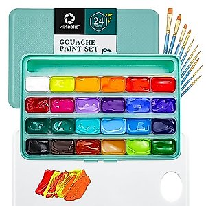 Artecho Gouache Paint Set, 24 Colors (30ml/1oz) with 10 Brushes & a Palette,Non-Toxic, Guache Paint for Canvas Painting - Professional Art Supplies for Artists, Students, Beginners, and Adults