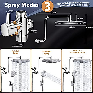 12" Rainfall Shower Head with Handheld Combo, High Pressure Shower Heads with Upgraded 12" Adjustable Curved Shower Extension Arm, 6 Settings Handheld Shower Head Built-in Power Wash Anti-leak（Chrome）