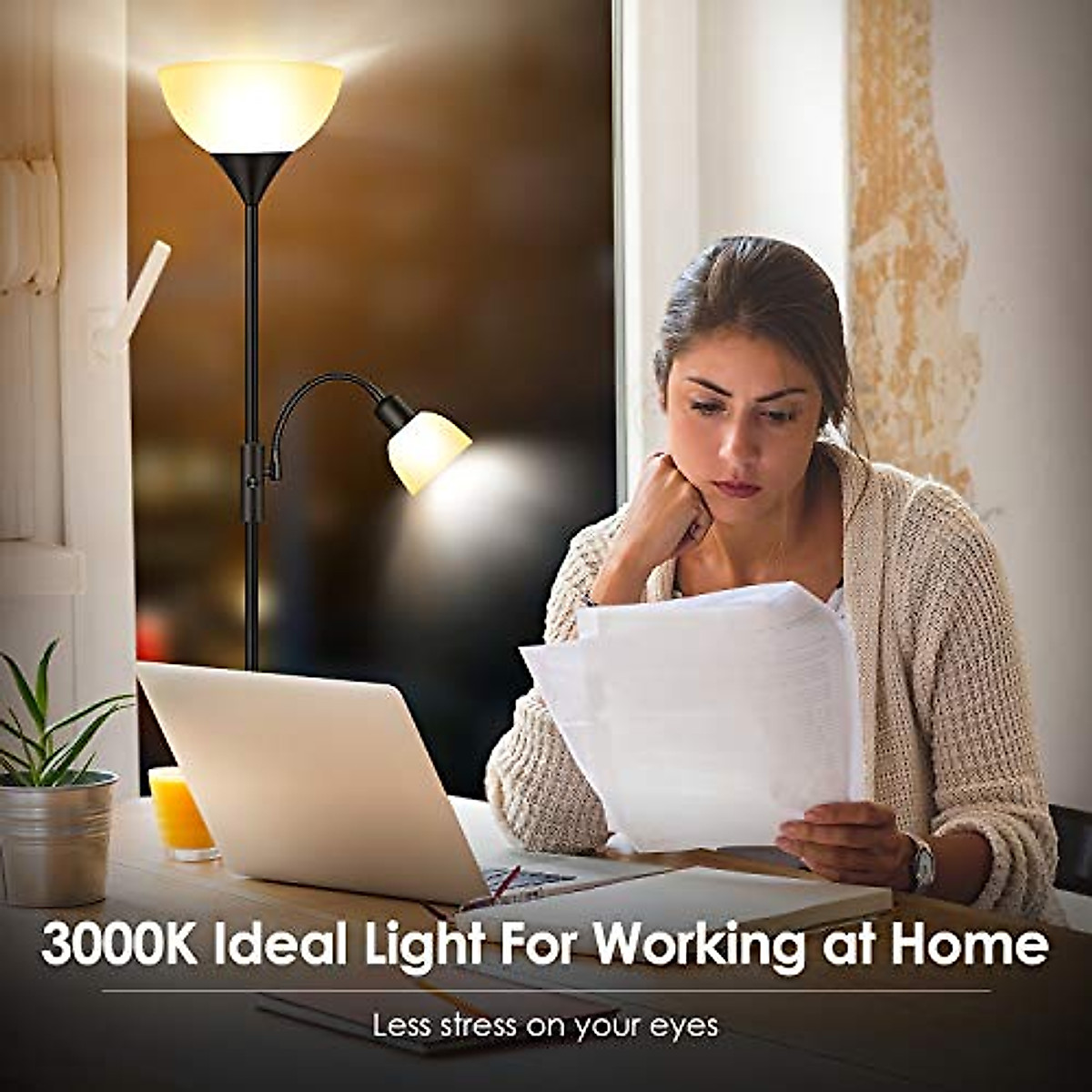 BoostArea Floor Lamp, Standing Lamp, 9W LED Torchiere Floor Lamp with 4W Adjustable Reading Lamp, 3000K Energy-Saving LED Bulbs, 3 Way Switch, 50,000hrs Lifespan, Floor Lamps for Living Room, Office
