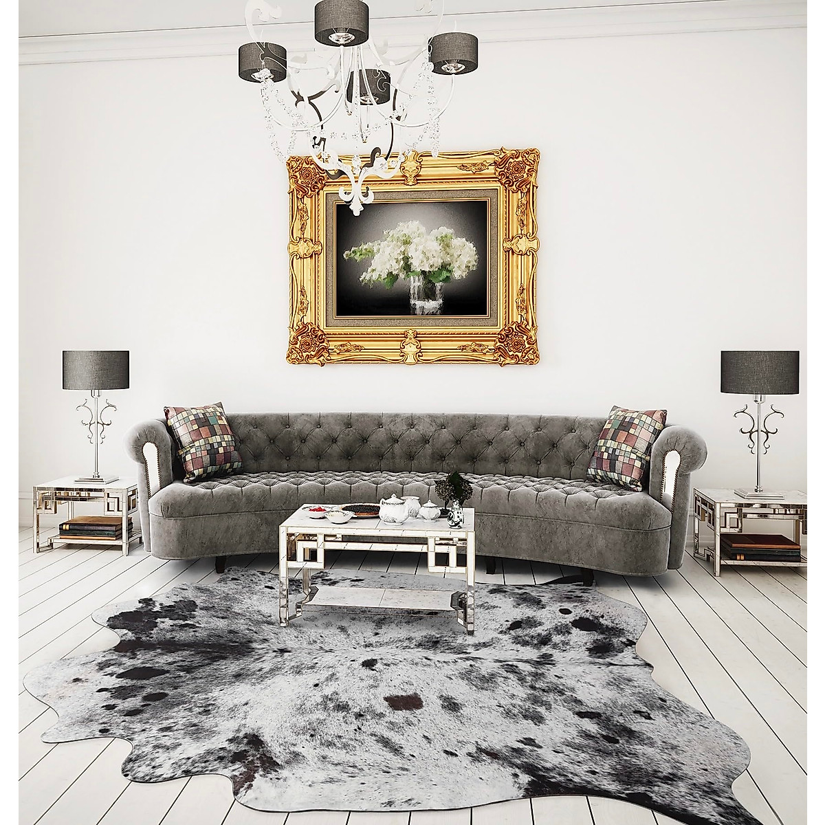 NEOCOZY Exquisite Cowhide Rug, 6.2 x 7 ft Faux Cowhide Rug for Living Room Bedroom, Cow Print Rug for Wall, Non-Slip, Grey White