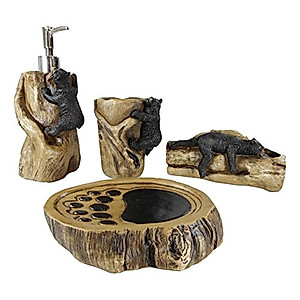 Ebros Rustic Black Bears Climbing Logs Woodlands Forest Bathroom Accent Set of 4 Bar Soap Dish Liquid Soap Pump Bottle Tumbler Cup Toothbrush Holder Western Country Cabin Lodge Decorative Figurines