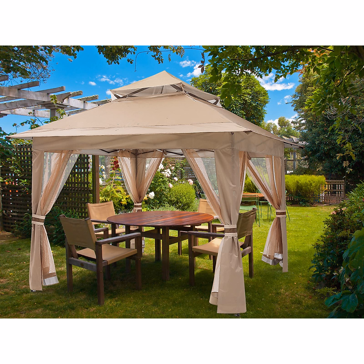 MASTERCANOPY Patio Gazebo Outdoor Pop Up Gazebo with Mesh Walls (13x13, Khaki)