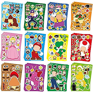 36PCS Mario Make a Face Stickers, DIY Mario Party Supplies Favors Make Your Own Stickers Mixed and Matched with Different Designs Characters for Birthday Gifts Class Reward Book Decor