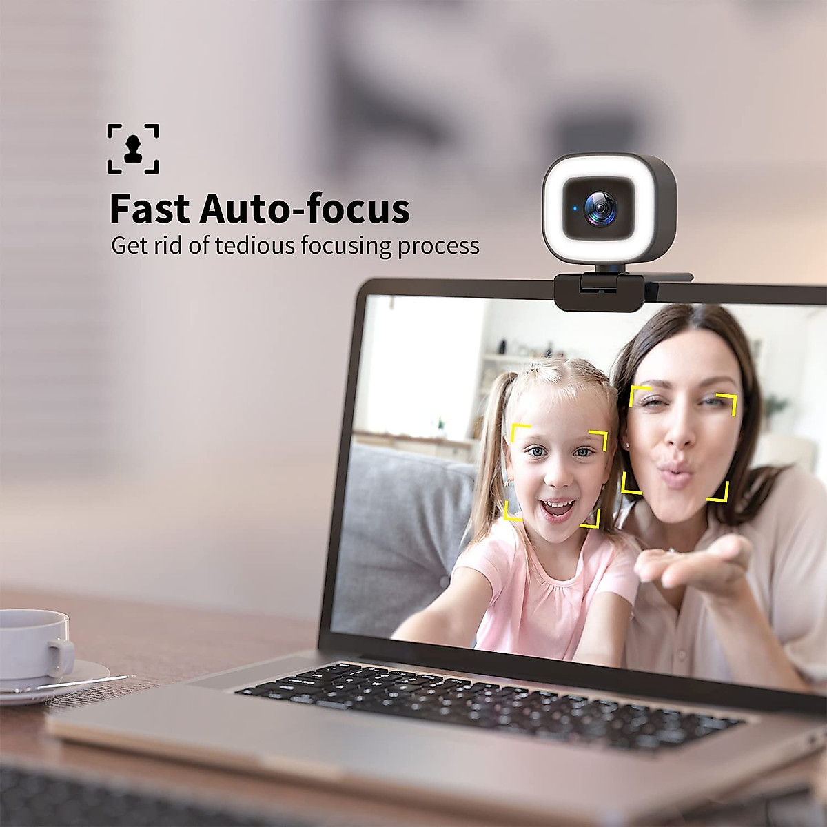 60FPS Webcam with Ring Light, Auto-Focus 1080P Web Camera with Dual Microphone and Privacy Cover，Streaming Webcam for YouTube, Skype, Zoom, Twitch, OBS, Xsplit and Video Calling