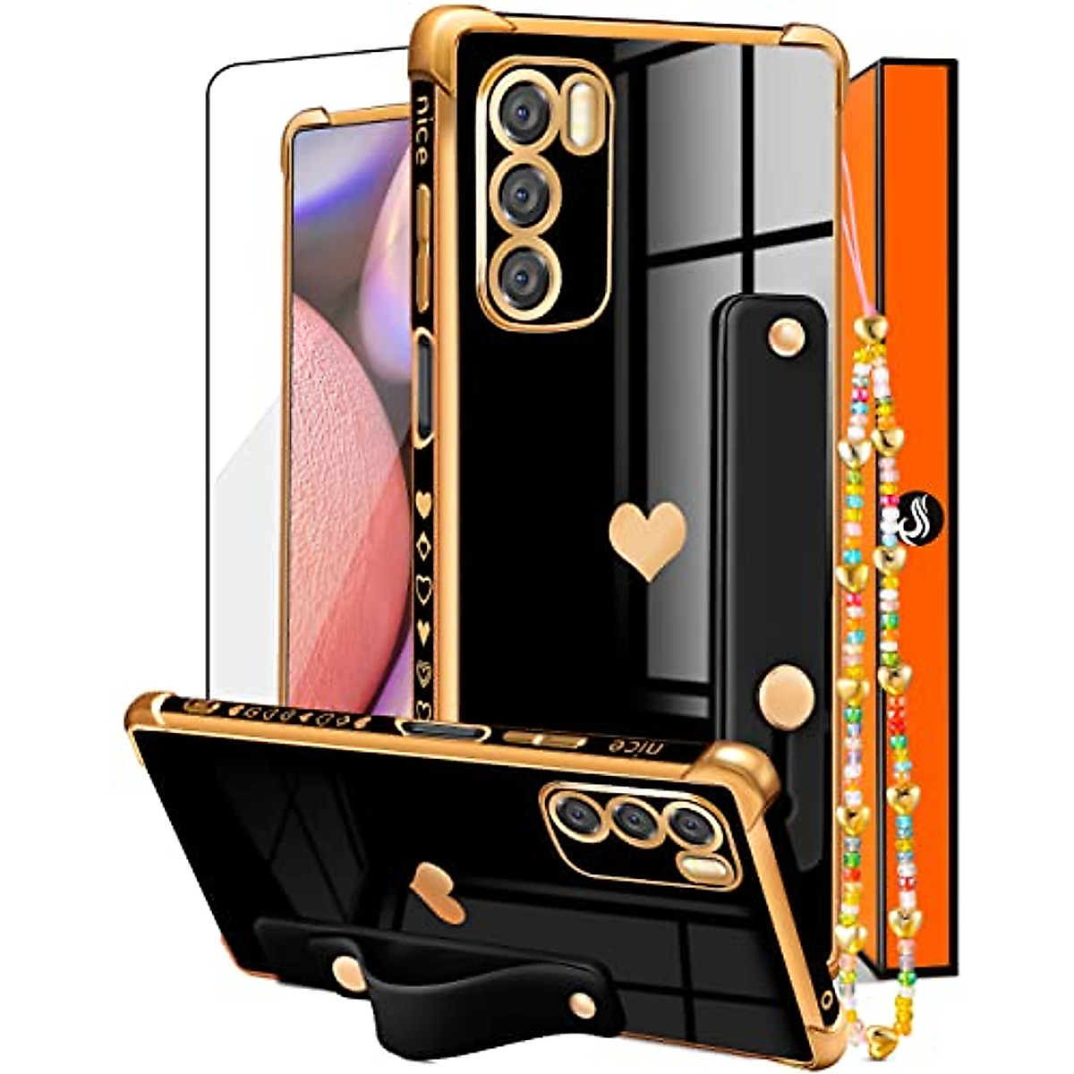 Likiyami (3in1 for Motorola Moto G Stylus 5G 2022 Case (NOT FIT 4G) Heart Women Girls Girly Cute Luxury Pretty with Stand Phone Cases Black Gold Love Hearts Aesthetic Cover+Screen+Chain for 6.8 inch
