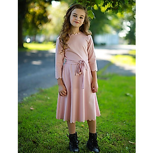 Arshiner Big Girls Dresses 3/4 Sleeve Scalloped Edge A-line Belted Banquet Dress with Pockets（Pink，13-14Years）