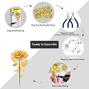 Piececool 3D Metal Puzzles Rose Flower Model Kits, Artificial Flowers Metal Building Blocks DIY 3D Puzzle for Adults, for Father Mothers Valentines Day, 15Pcs Gold