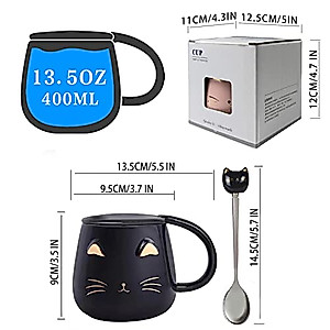 Yuwu Cat Mug Cute Coffee Mug gifts for cat lovers Ceramic Cup, Novelty Mug with Lid and Stainless Steel Spoon, Christmas Birthday Gifts Present for kids Women Girls (Black)