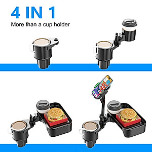 Car Cup Holder Tray with Phone Mount, 4 in 1 Detachable Car Cup Holder Food Tray Expander with Solid Base, Two Cup Holders, Food Tray and Phone Mount, Road Trip Essentials for iPhone 15 and Smartphone