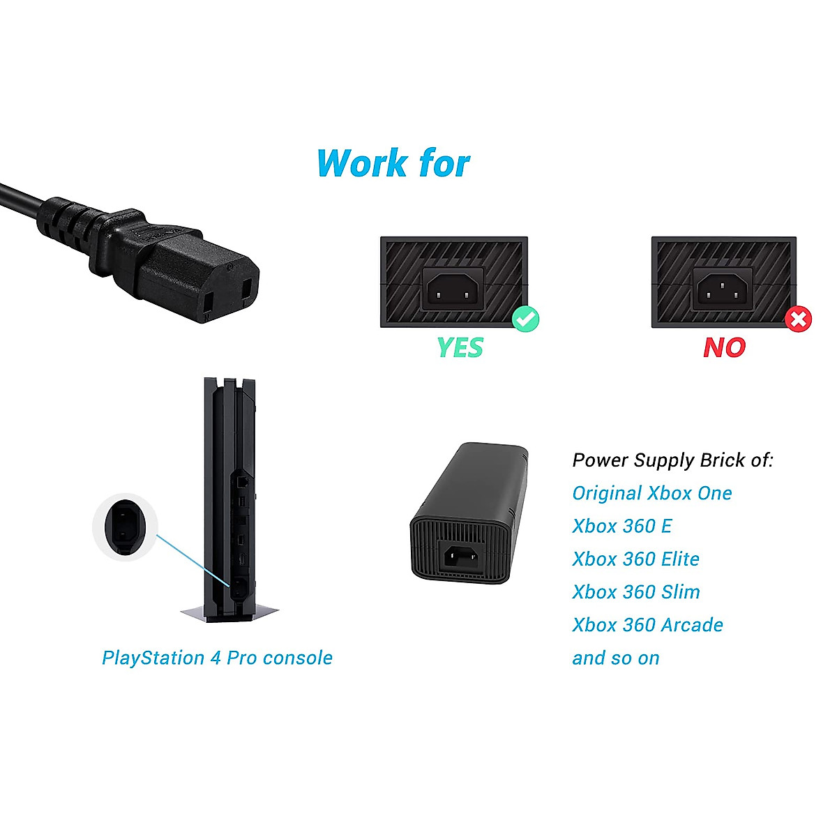 10FT Power Cord Compatible with Xbox 360 Slim, Xbox One, Xbox 360 E Power Supply Brick, Sony PS4 Pro Power Cable Replacement