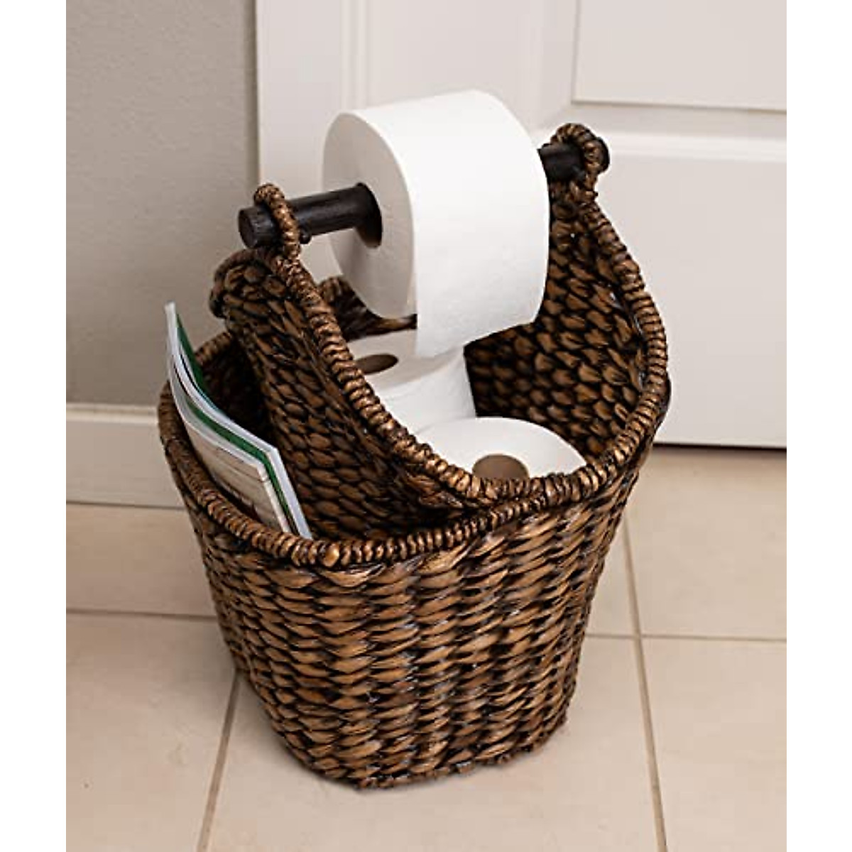 BirdRock Home Seagrass Magazine and Bathroom Basket - Hand Woven Toilet Paper Holder with Pocket - Grey Wash - Stylish Decorative Design - Wooden Basket Décor - Dispenser