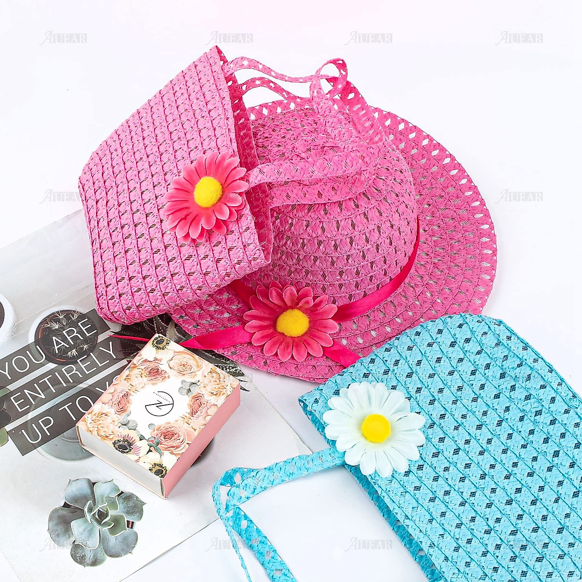 AUEAR, 3 Set Girls Straw Hat and Purse Set Tea Party Summer Beach Sunflower Daisy Flower Sunhats Blue Yellow Pink