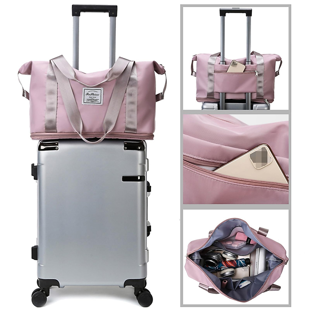 Large Capacity Folding Travel Bag, Lightweight Waterproof Luggage Bag, Expandable Travel Duffel Bag, Dry Wet Separated Gym Tote Bag, Weekender Overnight Bag for Women and Man (Pink)