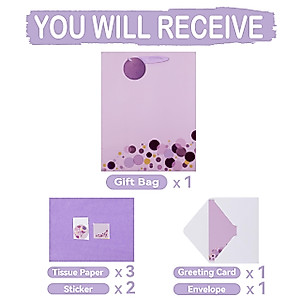 13" Large Purple Gift Bag Set with Greeting Card and Tissue Paper (Purple Foil Dots) for Celebrating Birthdays, Baby Shower, Weddings, Anniversary, Valentine's Day, Mother's Day - 10.2”x5.2”x13”, 1 Pcs.