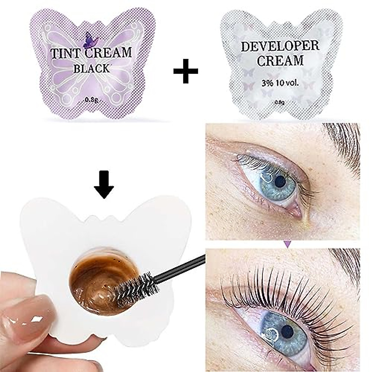 Libeauty Eyelash Black Color Kit, Semi-Permanent Hair Color Kit for Lash and Brow Cute Butterfly Disposable Individual Sachet Kit Instant Voluminous Coloring Eyebrow Colour Kit