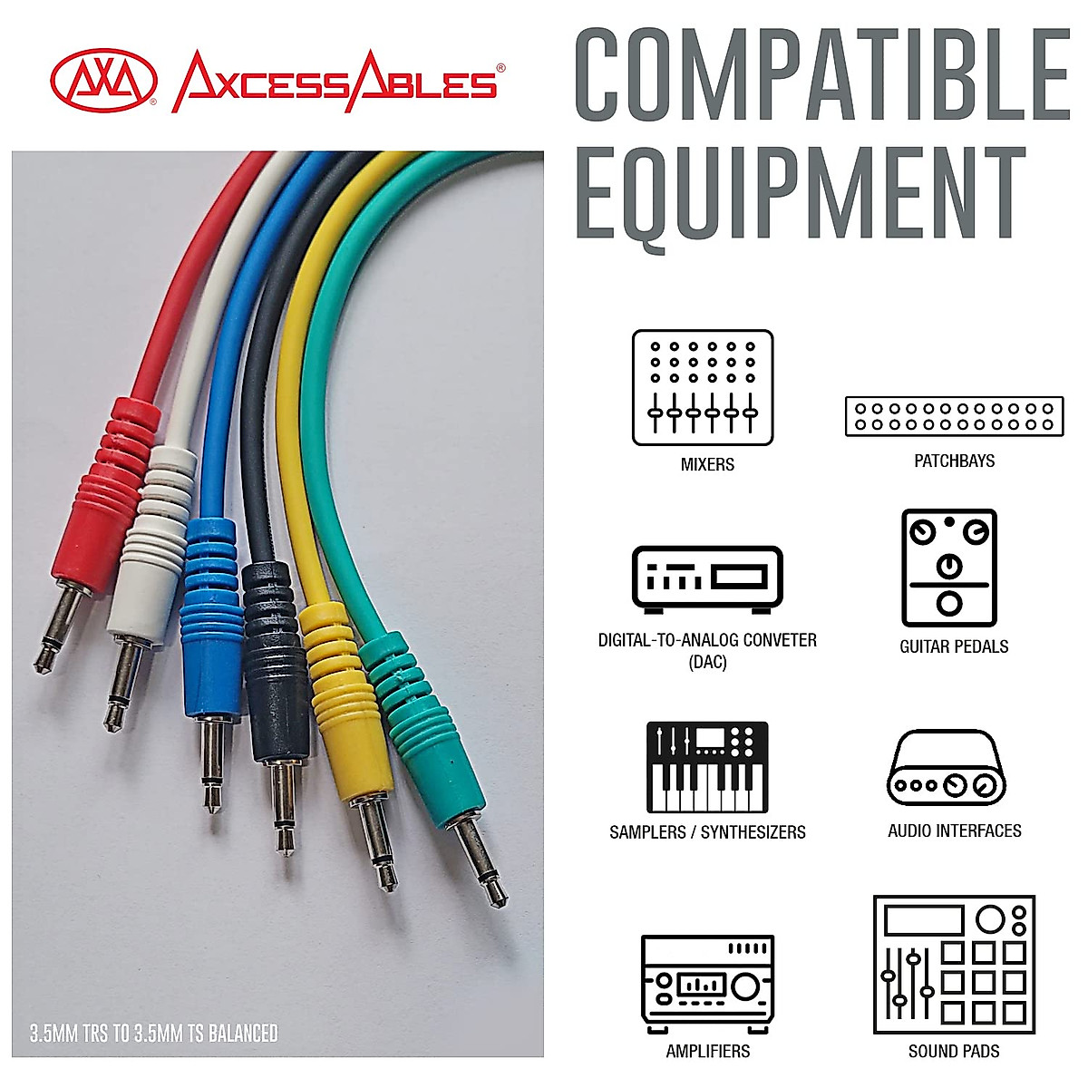 AxcessAbles 3.5mm TS to 3.5mm TS Patch Cables | 1/8 Inch TS Aux Cable Pack (1ft, 6 Pack) | 3.5mm TS Eurorack Synthesizer Audio Cables | Multicolor Unbalanced Patch Cables 1ft (6-Pack)