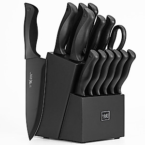 HUNTER Knife Set, Dishwasher Safe Kitchen Knife Set with Block, 24 Pcs Black Kitchen Knife Sets with Block Self Sharpening, 6 Steak Knives, Black