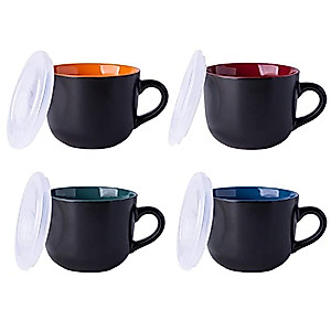 GBHOME Ceramic Soup Mugs with Lid, 24 oz Soup Cups with Hanlde for Coffee,Cereal,Salad,Noodles,Tea,Soup Bowls Cups,Microwave &Dishwasher Safe, Set of 4, Multi-color with Vented lid