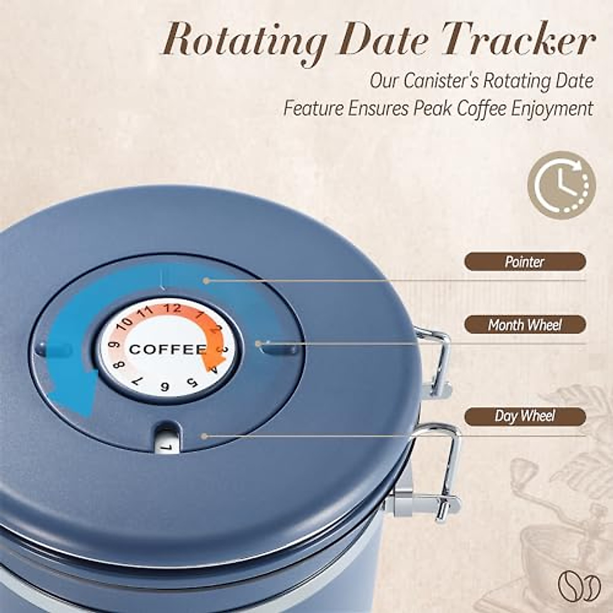RODDEN Airtight Coffee Canister 22OZ Stainless Steel with Date Tracker, Measuring Scoop, CO2 Releasing Valves, Kitchen Food Storage Contanier, 1800ml
