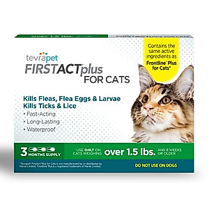 TevraPet FirstAct Plus Flea and Tick Topical for Cats over 1.5lbs, 3 Dose Flea and Tick Prevention. Waterproof Flea and Tick Control for 3 Months
