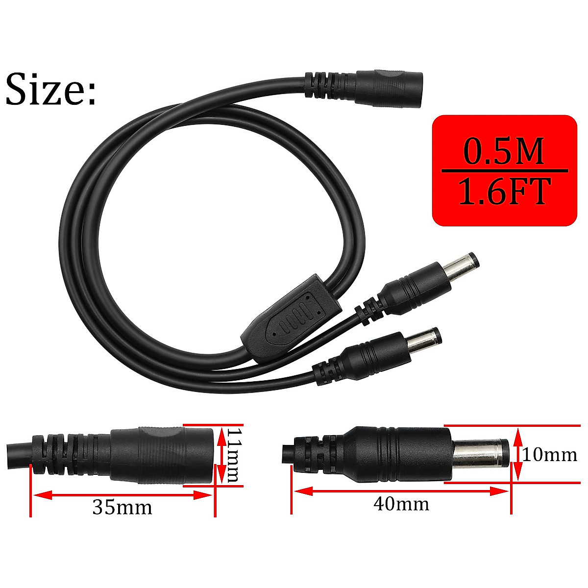 HCFeng DC Power Y Splitter Cable,DC 5.5mm x 2.1mm 1 Female to 2 Male Power Cord 18AWG 12v DC Extension Cord Cable for CCTV Security Camera, DVR, HDVD, LED Strip Light(2pack/1.6ft)