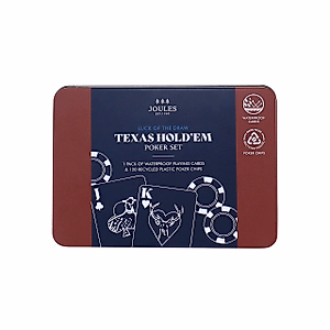 Joules Texas Hold'em Travel Poker Set in Keepsake Tin Includes Pack of 52 Waterproof Playing Cards and 120 Recycled Plastic Poker Chips