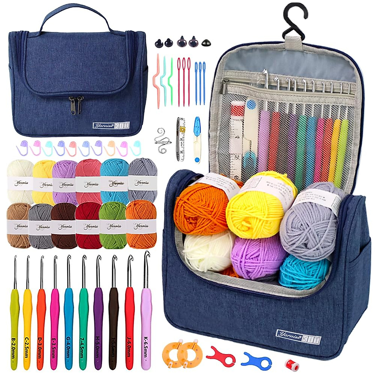 Yarniss Crochet Kits for Beginners, All in One Crochet Kits with 840 Yards Crochet Yarn, 10 Size Ergonomic Crochet Hooks 2.0mm~6.5mm