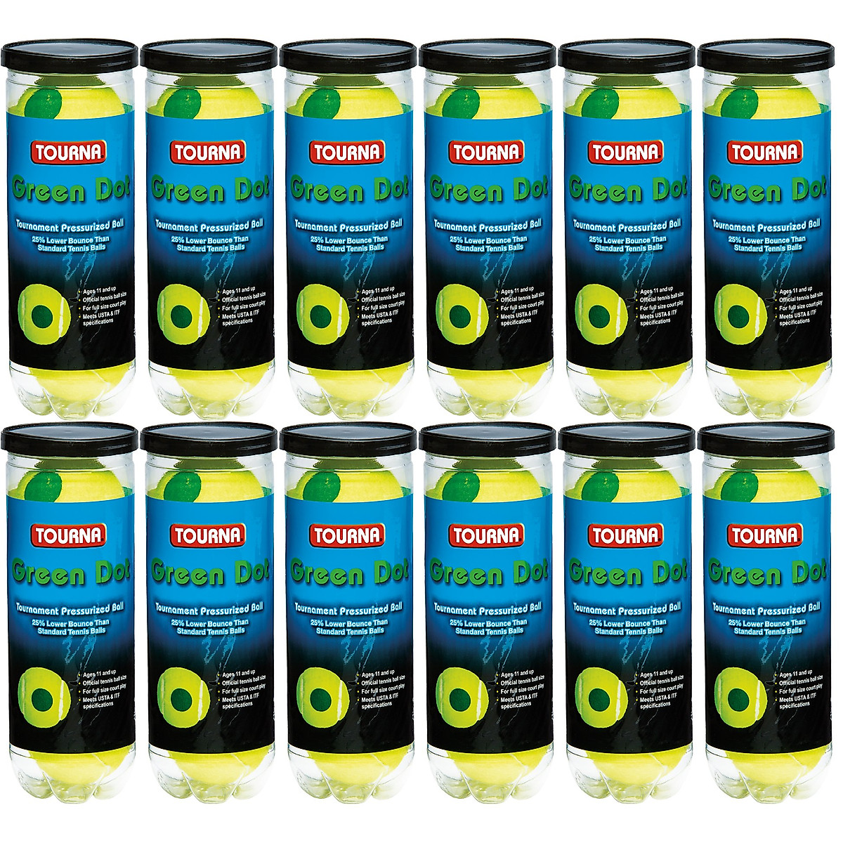TOURNA 12 Pack Pressurized Green Dot Tennis Balls in a Pressurized Can, USTA Approved