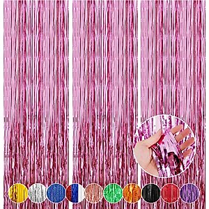 Mtkocpk Pink Streamers Backdrop Party Decorations - 8x3.2 Feet 3-Pack Foil Fringe Curtain Decor - Perfect for Children's Birthday Party, Women's Party, Sweet Wedding, and Pink Theme Party Decorations