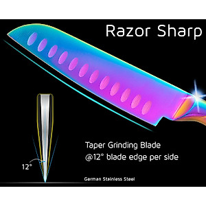 WELLSTAR Santoku Knife 5 Inch, Super Sharp German Steel Kitchen Cooking Knife with Comfortable Handle and Rainbow Coating for Slicing Dicing and Mincing of Meat Vegetables and Fruits for Small Hand