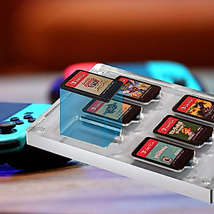 X-Richmen Game Card Case for Nintendo Switch Transparent Acrylic Game Storage Box Protective Shockproof Display Cabinet with 6 Slots Game Storage Box, Gift Mario Mushroom Red and Blue Thumb Grip 2PCS