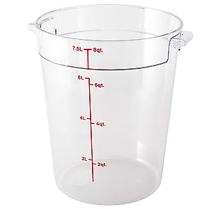 Restaurantware Met Lux 8 Quart Food Storage Container, 1 Round Commercial Storage Container - Lid Sold Separately, With Volume Markers, Clear Plastic Food Prep Bucket, Space-Saving Storage