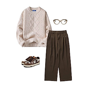 Aelfric Eden Oversized Sweater 90s Vintage Cable Knit Long Sleeve Women Woven Heavy Crewneck Pullover Beige L