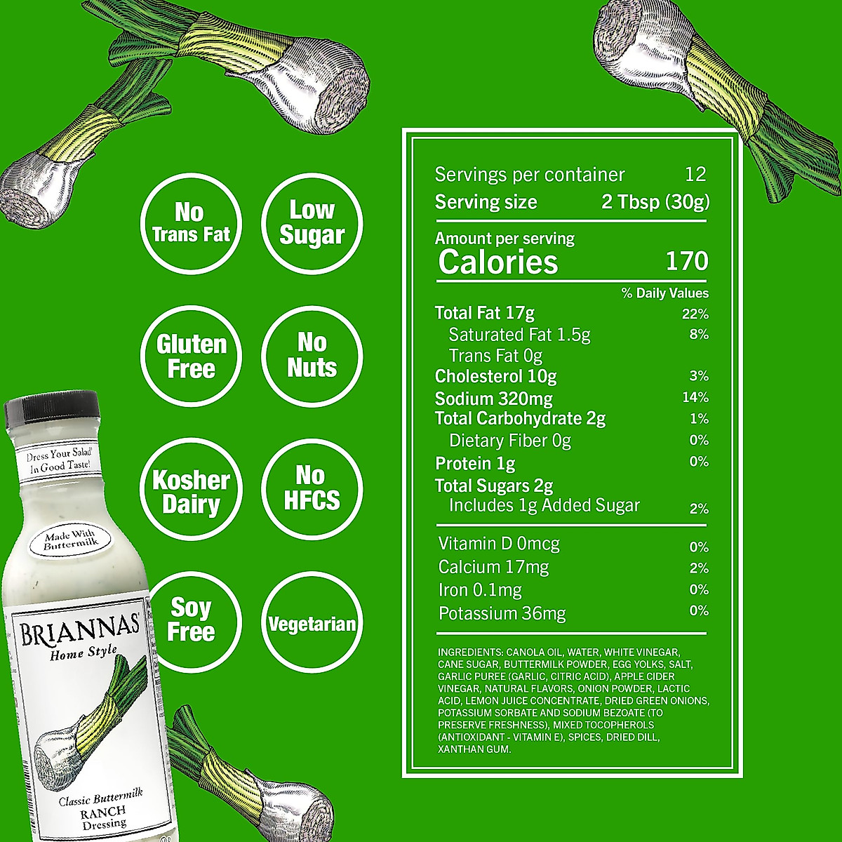 BRIANNAS - Home Style Classic Buttermilk Ranch Dressing – Fine Salad Dressing made with Premium Ingredients - Gluten Free, Kosher, & Low Sugar Dressing - 12 oz. Bottle