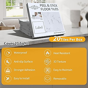 Mysflosy Peel and Stick Floor Tiles, Self Adhesive Waterproof Vinyl Flooring, 12''x12'' White Marble Pattern DIY Floor Sticker for Kitchen, Bathrooms & Bedroom, 20 Tiles
