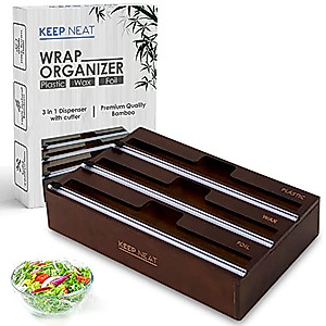 KEEP NEAT Foil and Plastic Wrap Dispenser 3 in 1 Wrap Organizer with labeled slots, Dark Brown