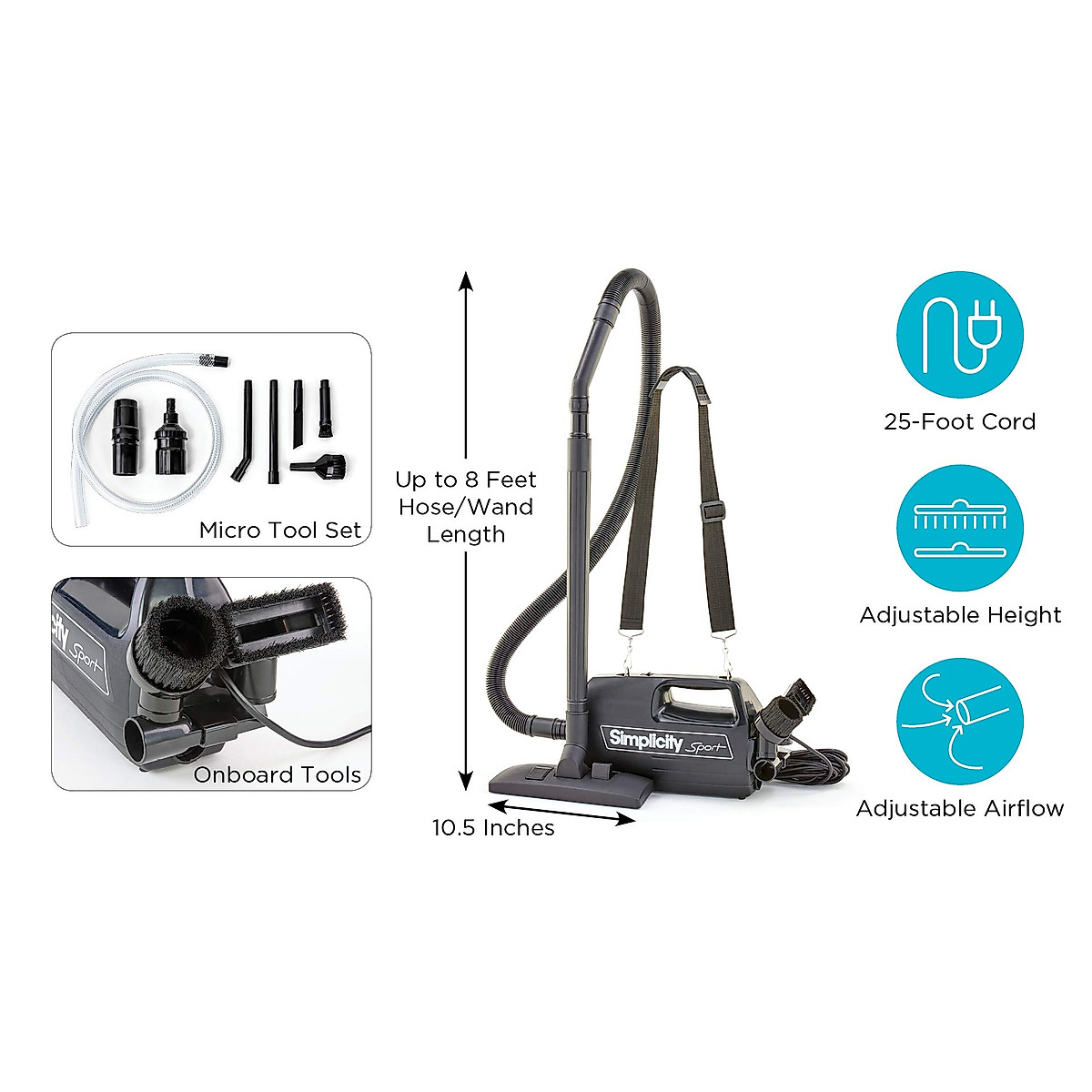 Simplicity Vacuums Handheld Canister Vacuum with Carry Strap for Hard Floors and Rugs, Car Detailing Vacuum Cleaner, S100