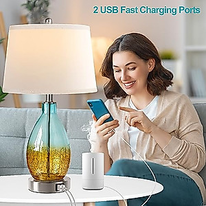 Table Lamps Set of 2, Modern Ombre Blue Glass Touch Control Bedroom Nightstand Lamp for Living Room with USB Ports, Coastal 3-Way Dimmable Bedside Table Lamp with White Shade (LED Bulbs Included)