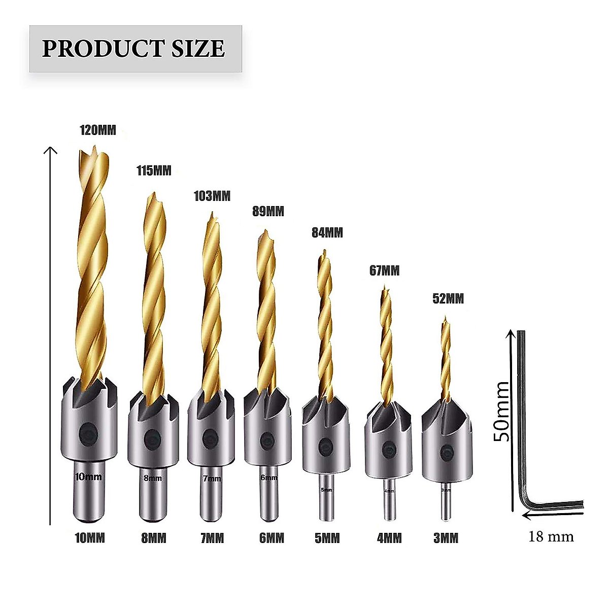Tomato Palace Countersink Drill Bit Set 7 PCS Titanium Coated Counter Sinker Drill Bit Set for Wood High Speed Steel, Woodworking Carpentry Reamer Tool Set with Hex Key Wrench