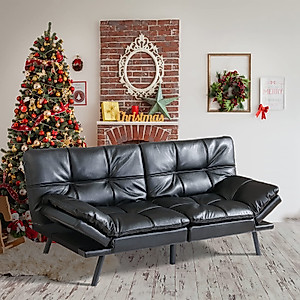 MUUEGM Bed Memory Foam Couch Convertible Sofa Sleeper Modern Faux Leather Futon for Living Room Compact Spaces Office,Adjustable Backrest Armrest Sofabed, Black