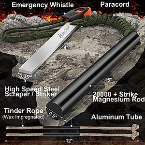 Ferro Rod Fire Starter Kit with 5 Inch Flint and Steel, Two 12 Inch Wax-Impregnated Tinders, 50 Inch 7-Core Paracord for Camping, Hiking, Boy Scouts, and Emergency Preparedness