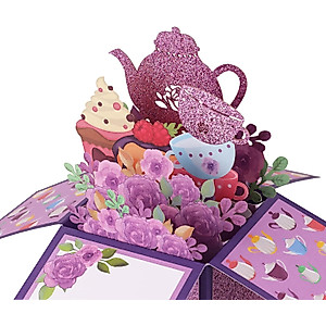 Giiffu Mothers Day Card, Tea Theme, Tea Time 3D Pop Up Card, 3D Flower Pop Up Greeting Card with Note Card and Envelopes, for Mothers Day, Birthday, Tea Party (Purple)