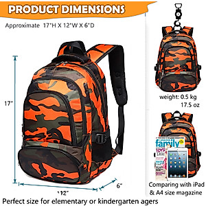 BLUEFAIRY Boys Backpacks Set for Kids Elementary School Bag with Lunch Box Teens Primary Middle School Book Bags Bookbag Schoolbag Sturdy Travel Lightweight Gifts Camo Orange