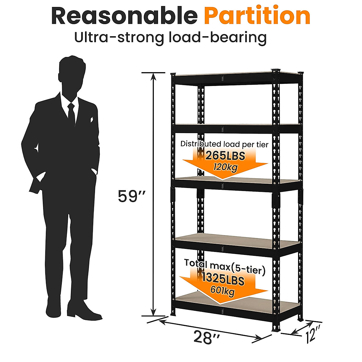 Smaafit 5-Tier Shelves for Wall Storage, Storage Rack Metal Shelves, Heavy Duty, Adjustable, Garage & Warehouse Storage, 28x12x59 Inches, 275 lbs/Level
