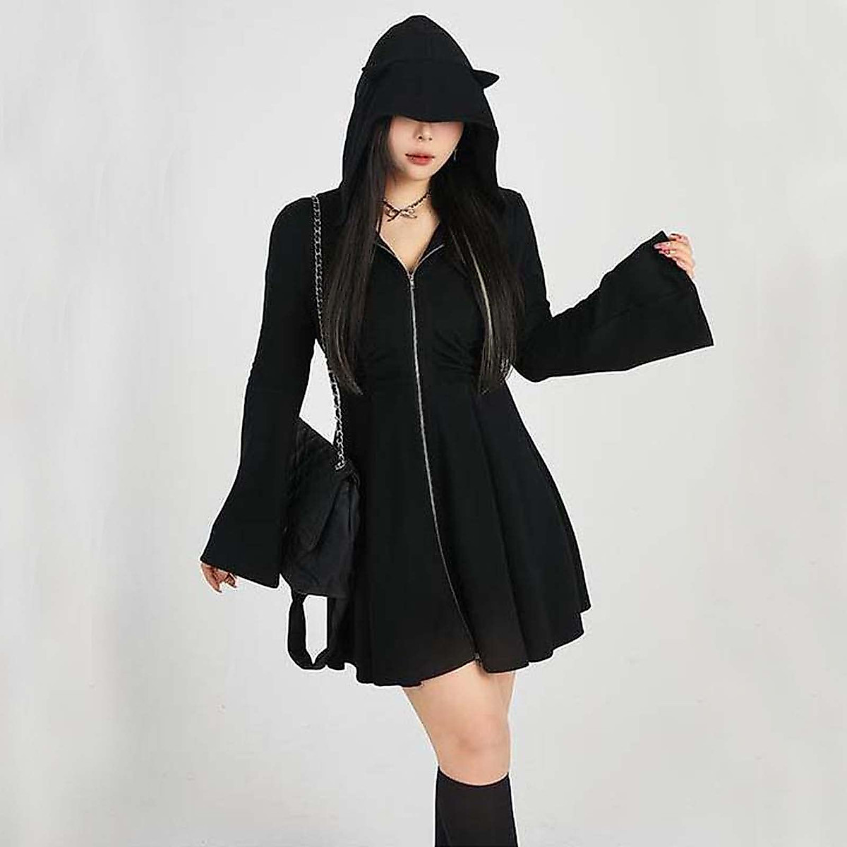 MLAFE Gothic Hooded Little Black Dress Autumn and Winter Waist Hooded Sweater Dress Doll Sleeve Slim Dress Harajuku Dress (S)