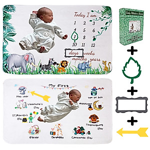 vmaisi Baby Milestone Blanket Gifts - Newborn Boy & Girl Monthly Year Infant Growth Blankets Nursery Swaddling Blankets (Green Animals, Double Printed)