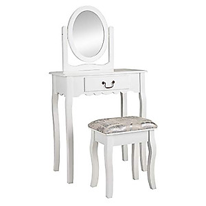 Vanity Set with 360° Rotating Mirror and Large Drawer, Modern Bedroom Makeup Dressing Table and Chair, for Girls Women, White