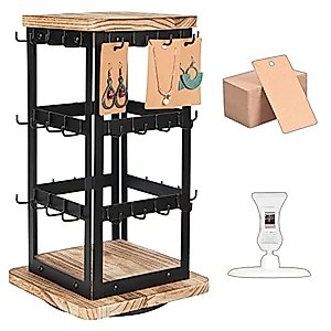 J JACKCUBE DESIGN 3 Tier 360 Rotating Black Metal Earring Holder Organizer, Jewelry Display Rack, Vintage Farmhouse Style Stand for Necklaces, Piercings with 48 Hooks and Wood Tray Shelf -MK1073A
